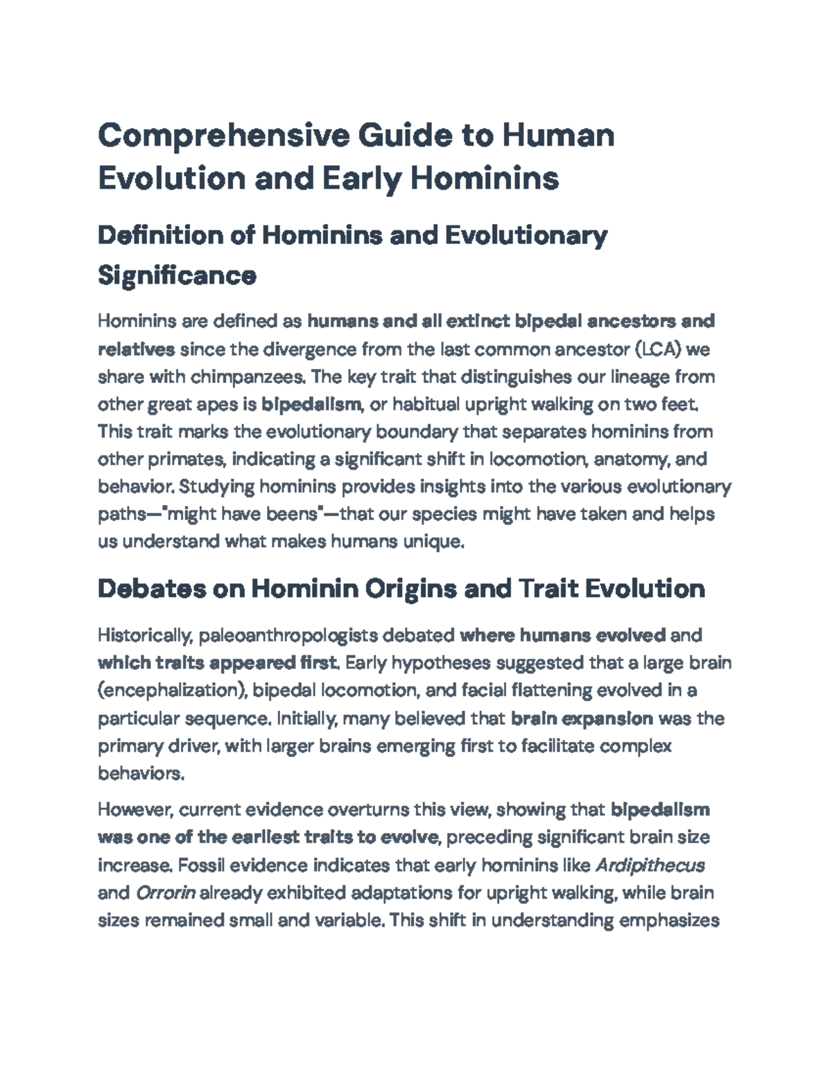 Comprehensive Study of Hominin Evolution and Adaptations (Course Code ...