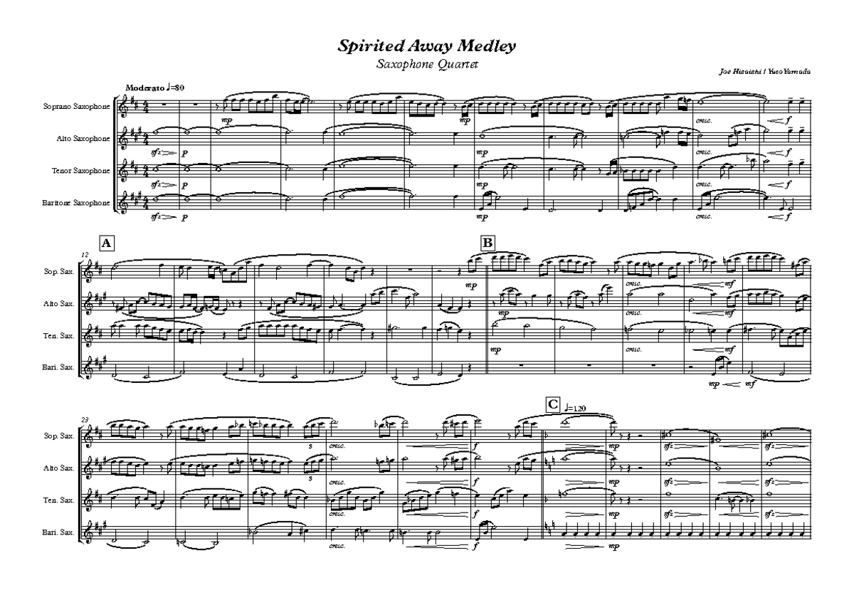 Spirited Away Medley for Saxophone Quartet (Joe Hisaishi) - Studocu