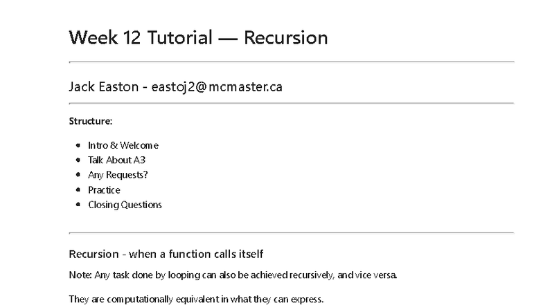 Week 12 Tutorial Notes Recursion Concepts And Examples Studocu