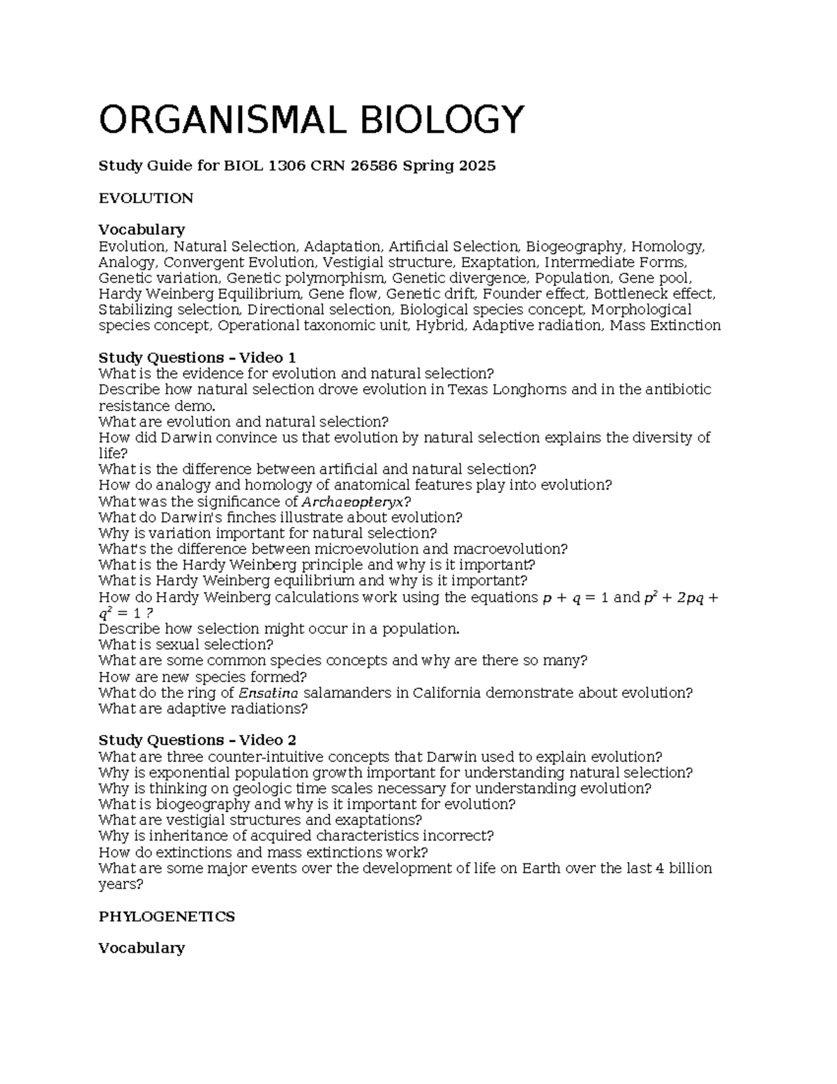 Study Guide for Organismal Biology (BIOL 1306) - Evolution & Ecology ...