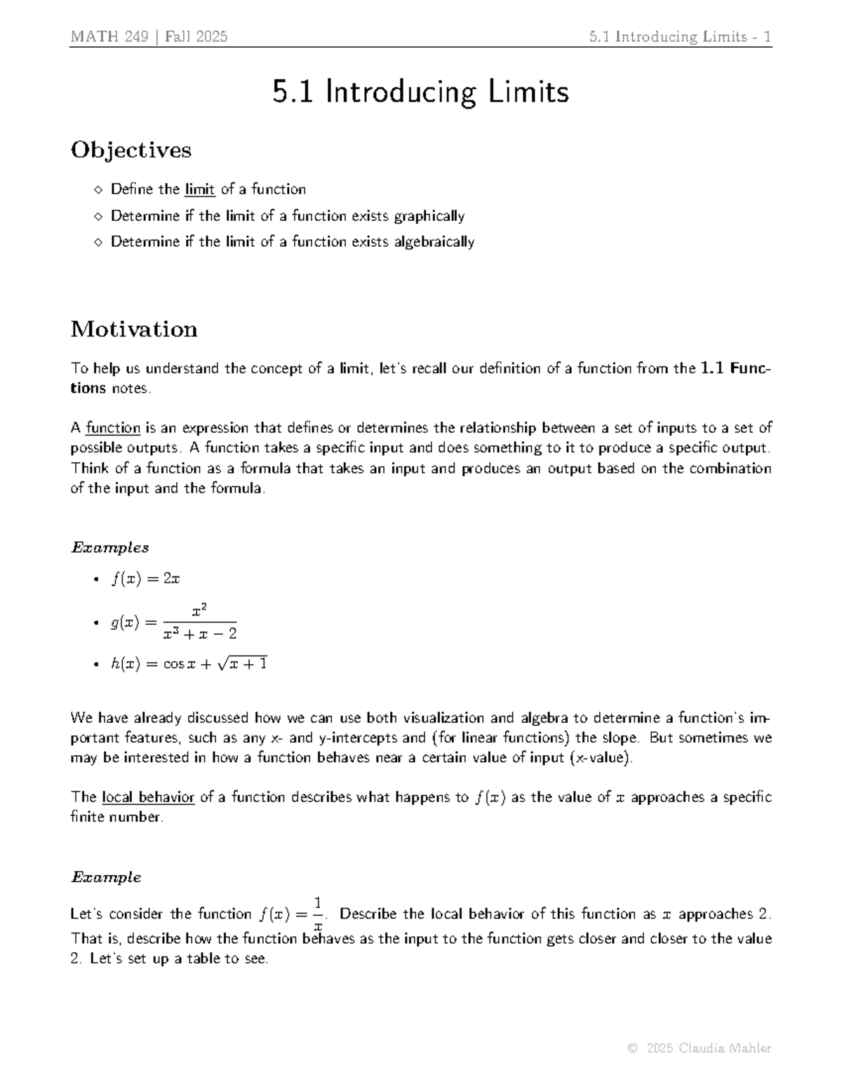 MATH 249 Fall 2025 Lecture Notes: 5.1 Introducing Limits - Studocu