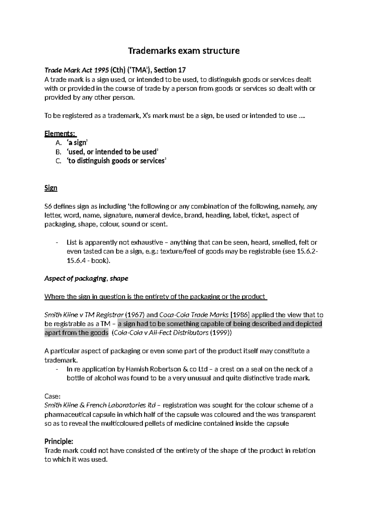 Trademarks Exam Structure: Key Concepts from Trade Mark Act 1995 (Cth ...