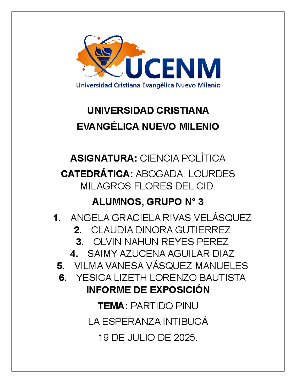 Informe de Exposición sobre el Partido PINU en Ciencia Política - Studocu