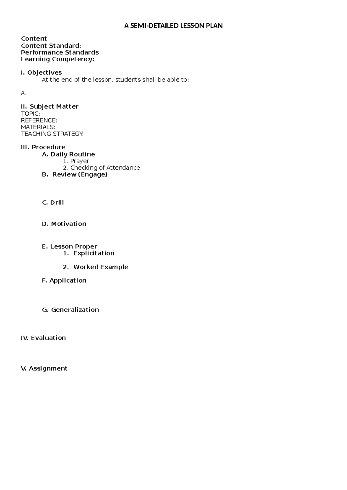 SEMI- Detailed Lesson PLAN ( Template) - A SEMI-DETAILED LESSON PLAN ...