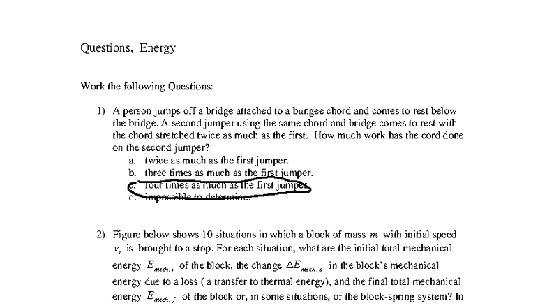 Questions on Energy Work - Practice for Physics Course - Studocu