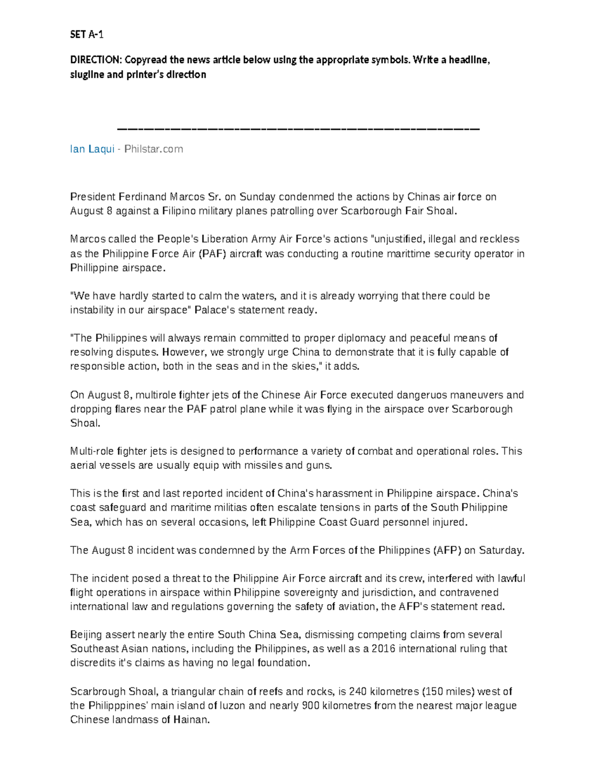 SET DIRECTION: News Article Copyread on Philippine Airspace Incident ...
