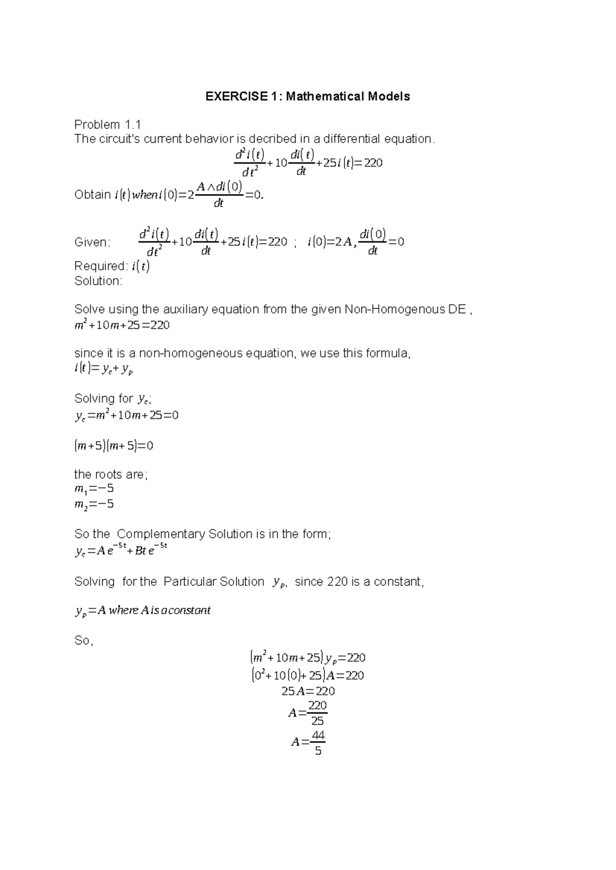 MATH 101: Exercise 1 - Differential Equations Solution - Studocu