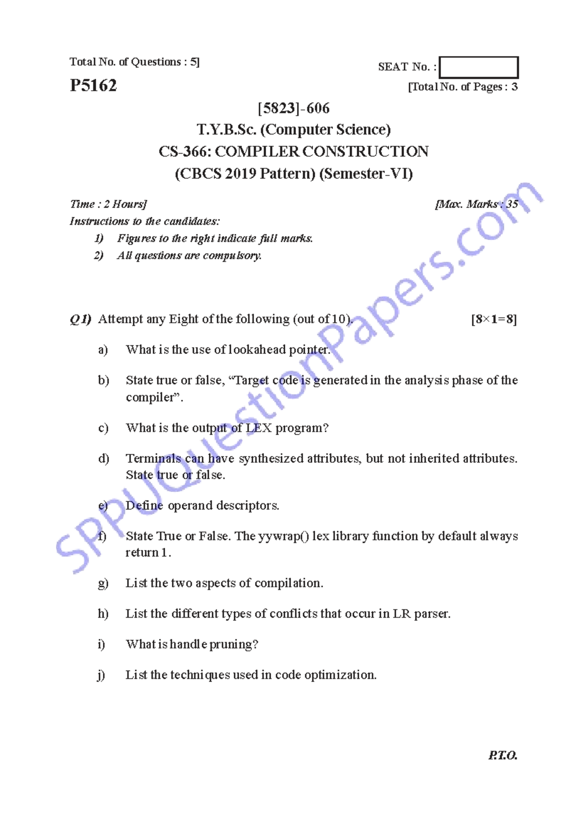 T.Y.B.Sc. Computer Science: Compiler Construction Exam (CBCS 2019 ...