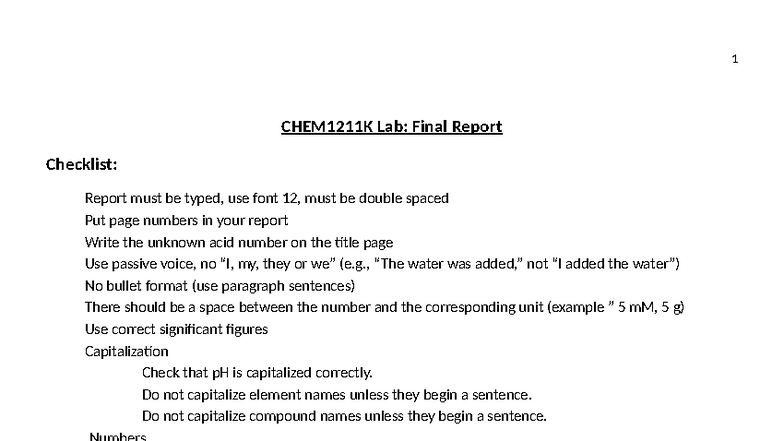 CHEM1211K Lab: Final Report Format & Checklist for Unknown Acid - Studocu