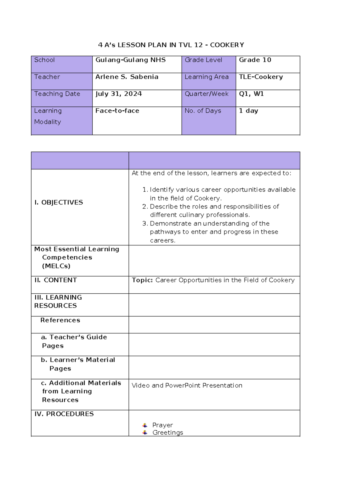 TVL 12-Cookery Lesson Plan: Career Opportunities - July 31, 2024 - Studocu