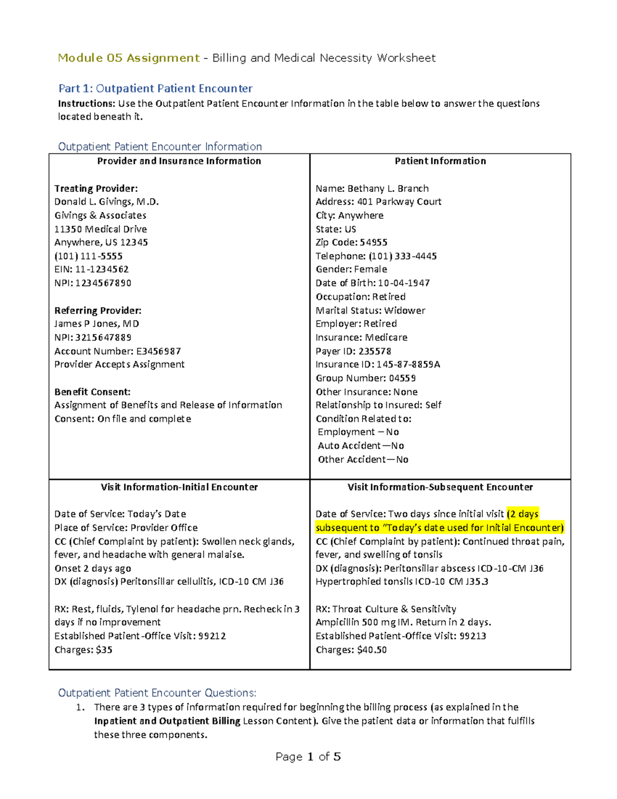 HIM1125 Module 05 Assignment: Billing & Medical Necessity Worksheet - Studocu