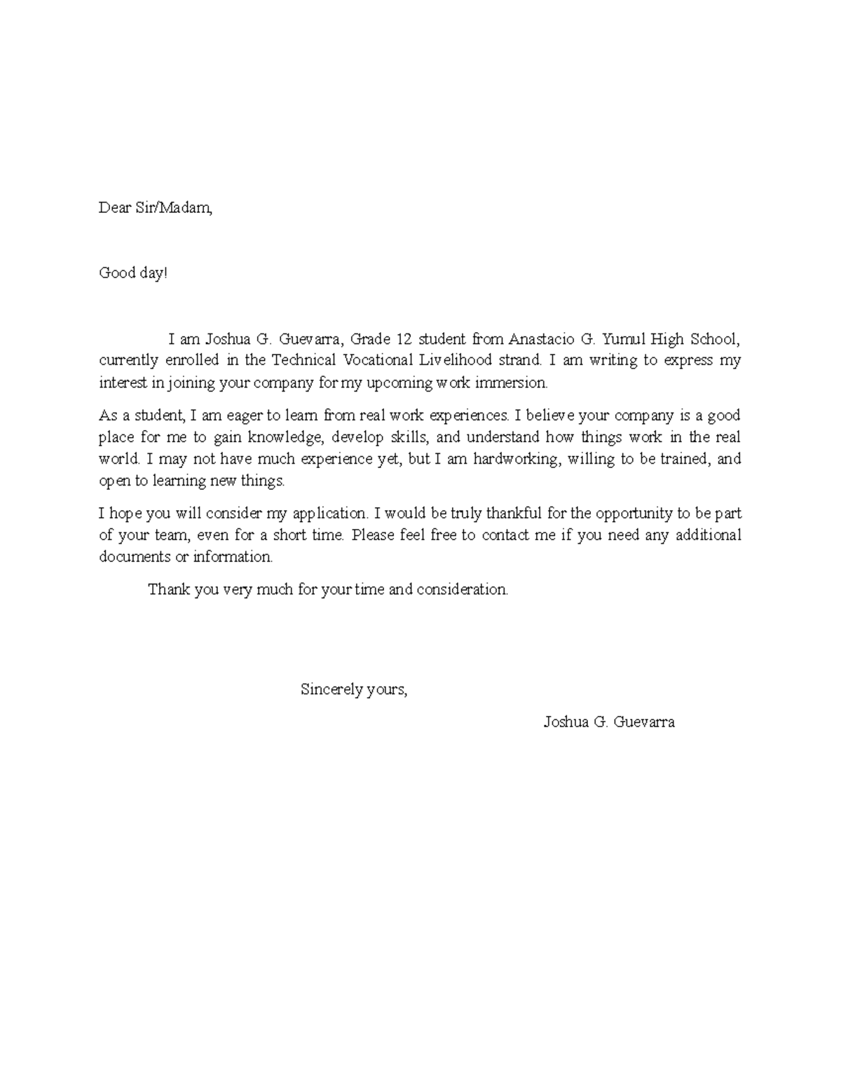 Application Letter for Work Immersion - Grade 12 Student - Studocu