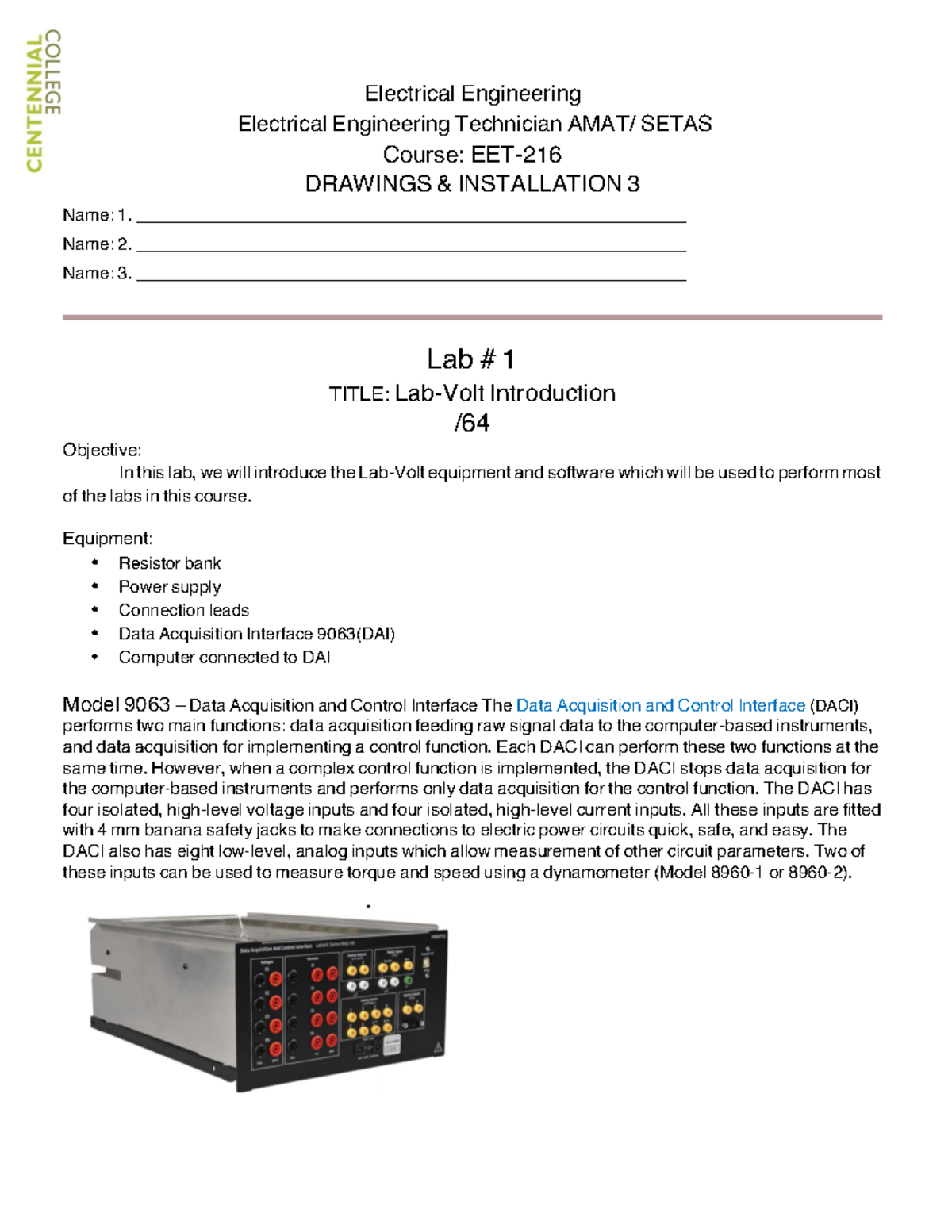 EET-216 Lab #1 - Introduction to Lab-Volt Measurement Techniques - Studocu