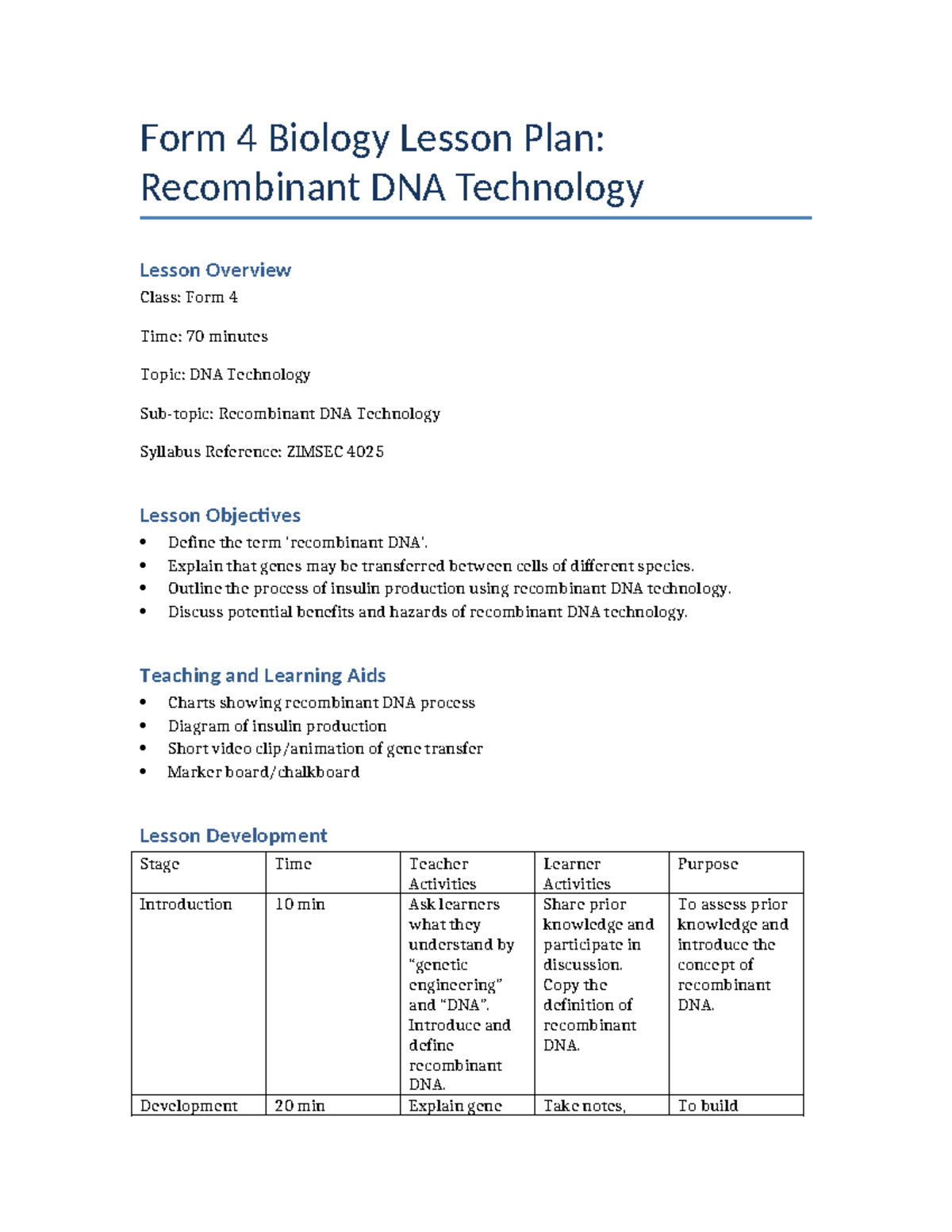 Form 4 Biology Lesson Plan: Overview of Recombinant DNA Technology ...