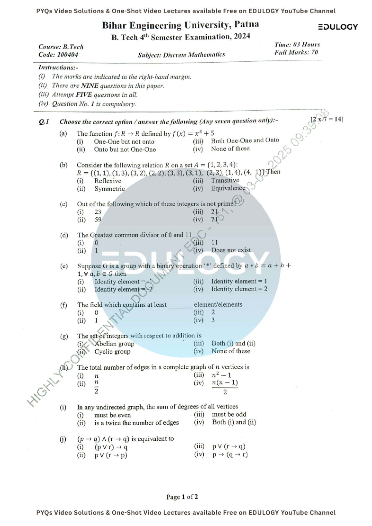 Discrete Mathematics PYQs Video Solutions for B.Tech 4th Sem Exam 2024 ...