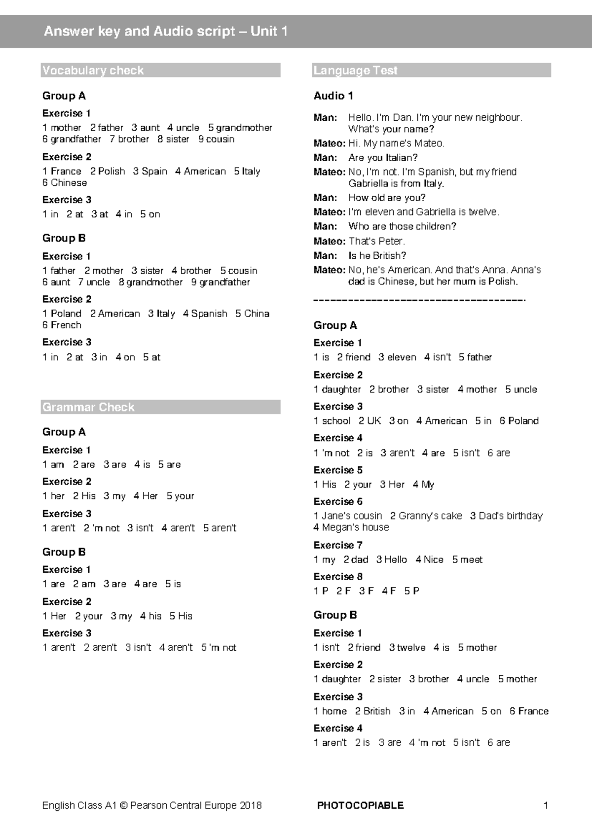 ECA1 Language Test Unit 1 Vocabulary Check Answer Key & Audio Script ...