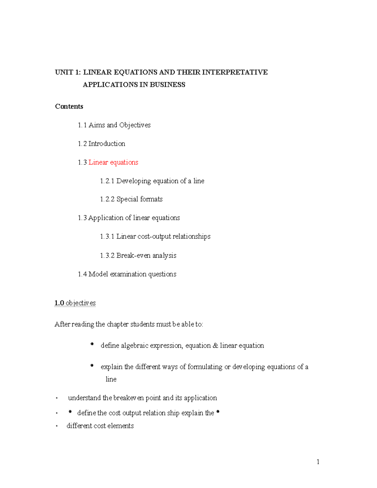 Mathematics for Management Business CONT1 - UNIT 1: LINEAR EQUATIONS ...