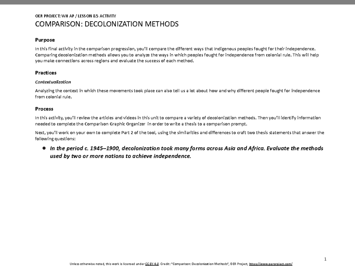 OER PROJECT: WH AP LESSON 8.5 COMPARISON OF DECOLONIZATION METHODS ...
