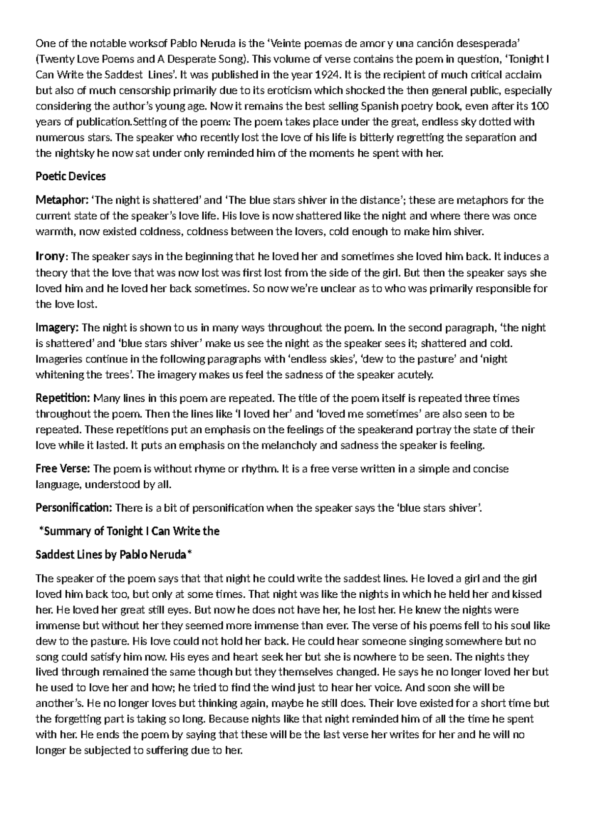 Pablo Neruda's 'Tonight I Can Write': Poetic Analysis & Summary - Studocu