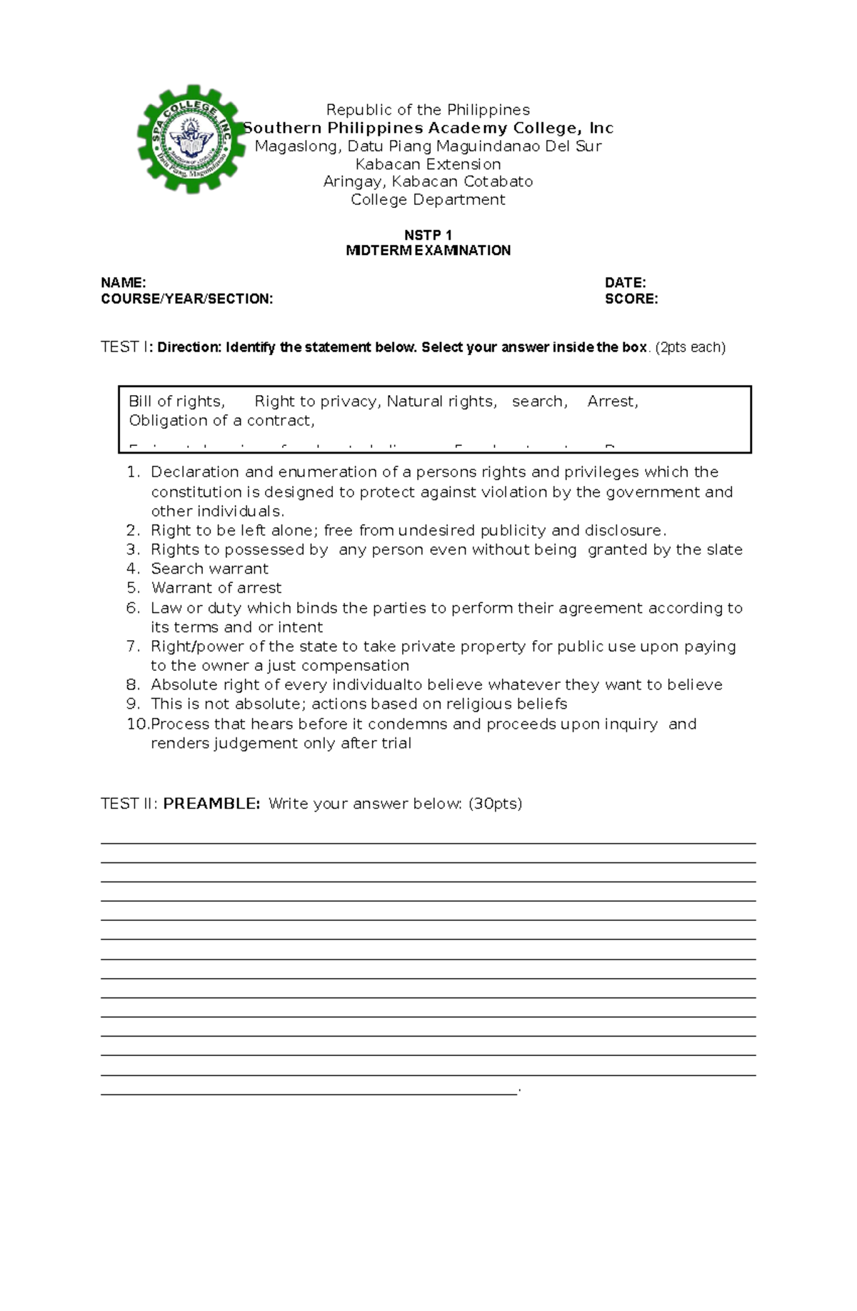 NSTP 1 Midterm Exam Guide: Key Concepts & Examination Format - Studocu