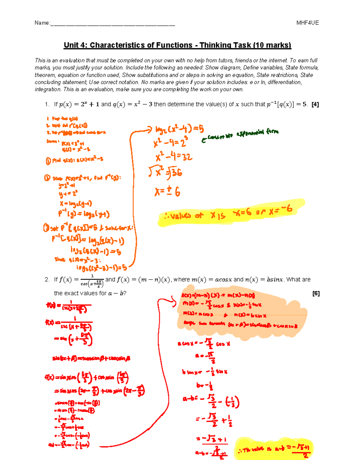 MHF4UE Unit 4: Characteristics of Functions Evaluation Task - Studocu