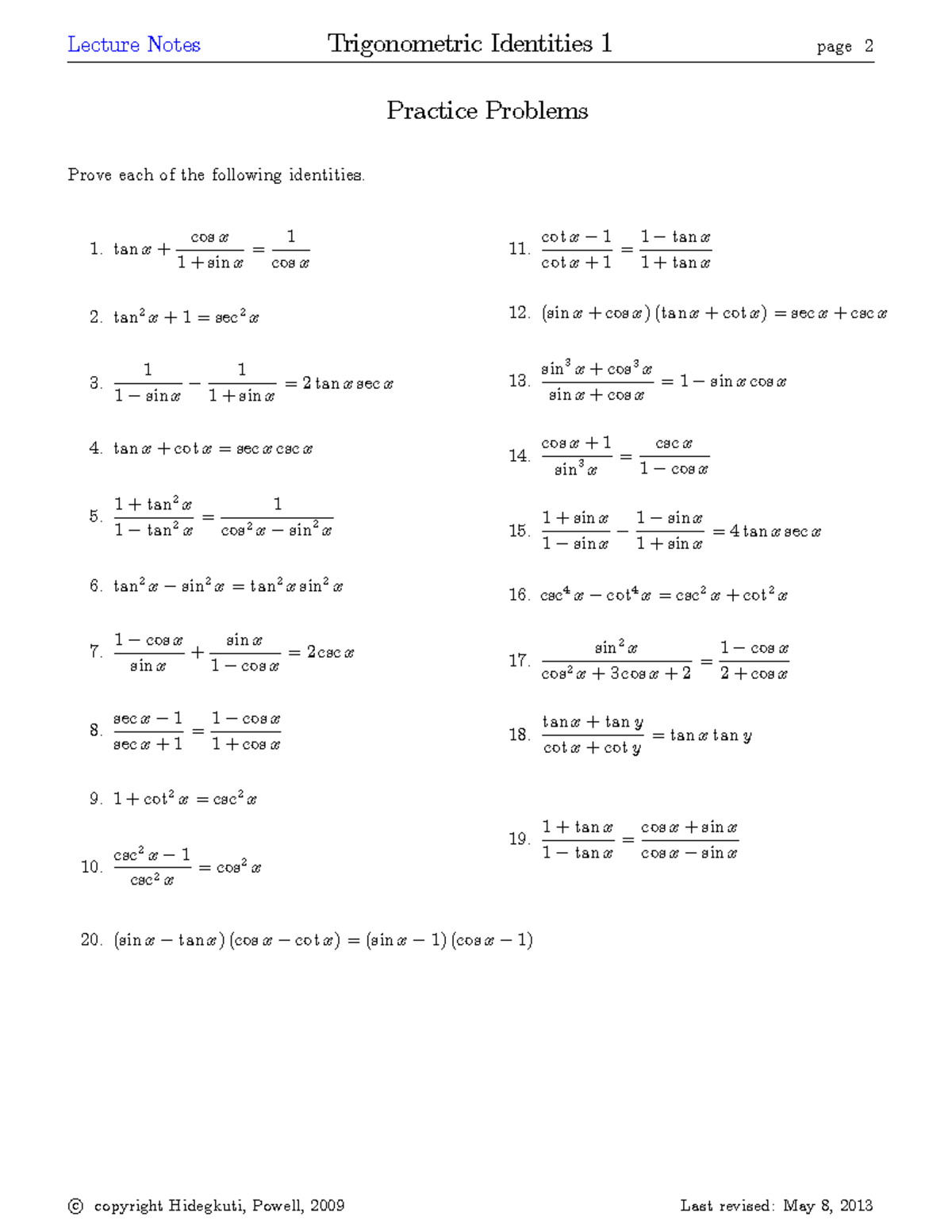More Trig Identities Practice Worksheet (MATH 101) - Studocu