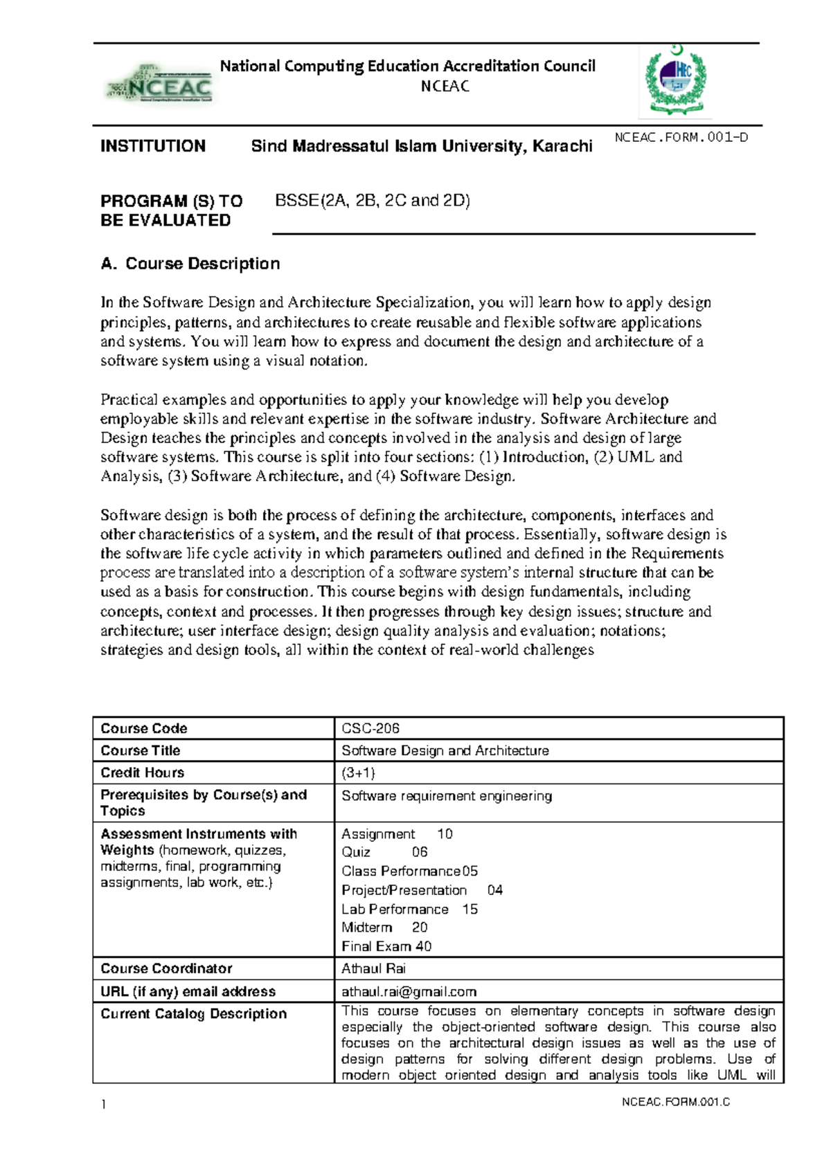 CSC - Software Design & Architecture Course Outline - Fall 2022 - Studocu