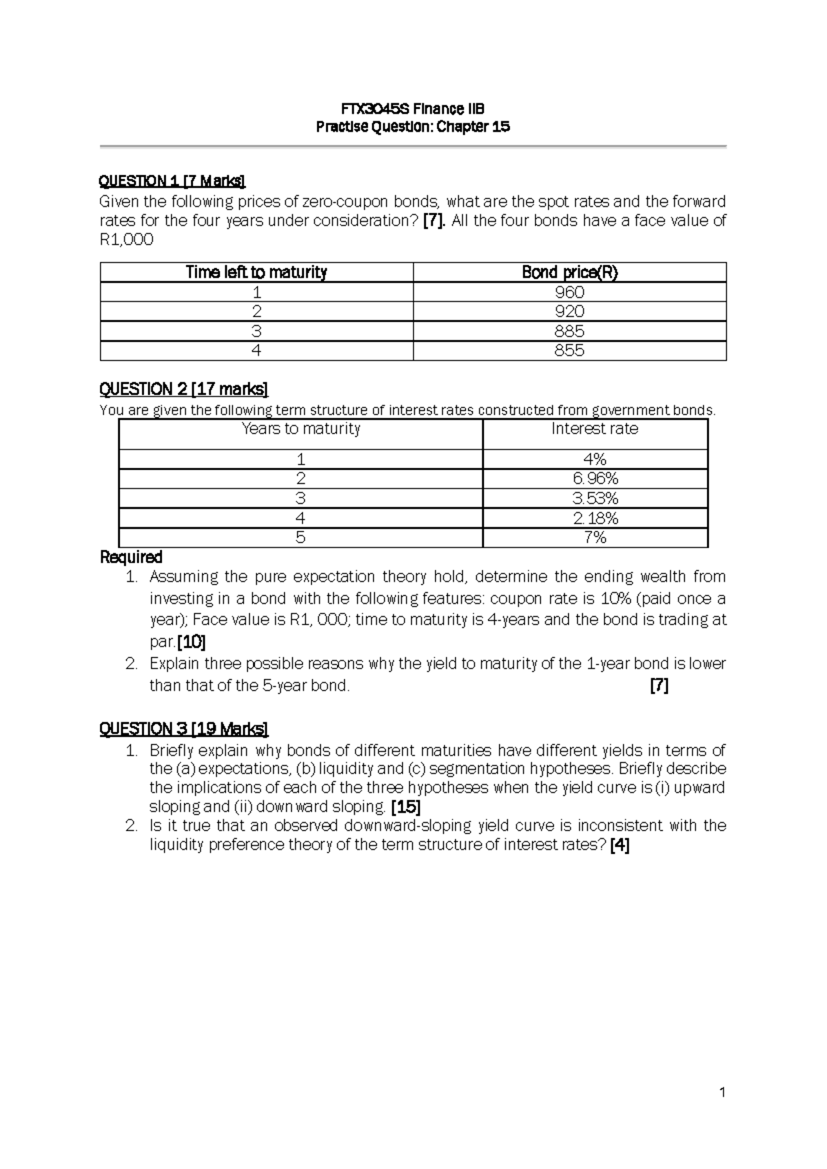 FTX3045S Finance IIB: Tutorial 5 Questions and Solutions - Studocu