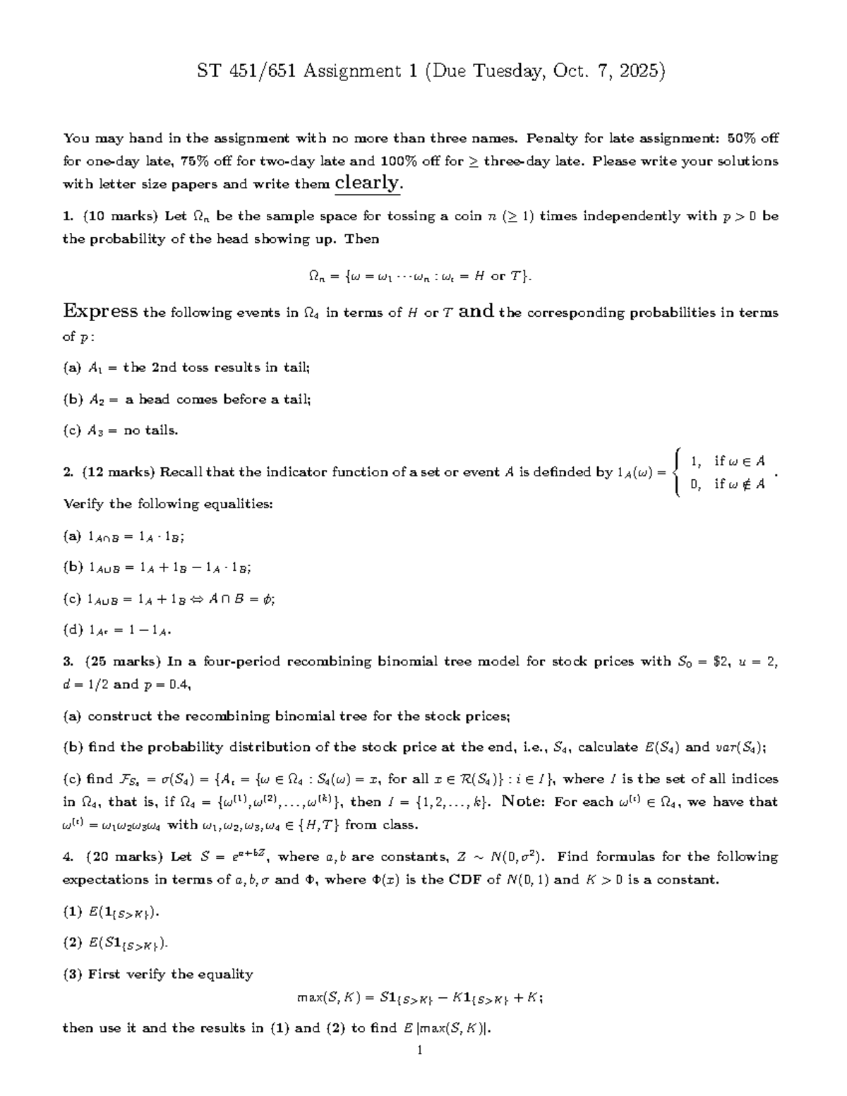 ST 101 Assignment 1: Probability and Statistics Concepts - Studocu