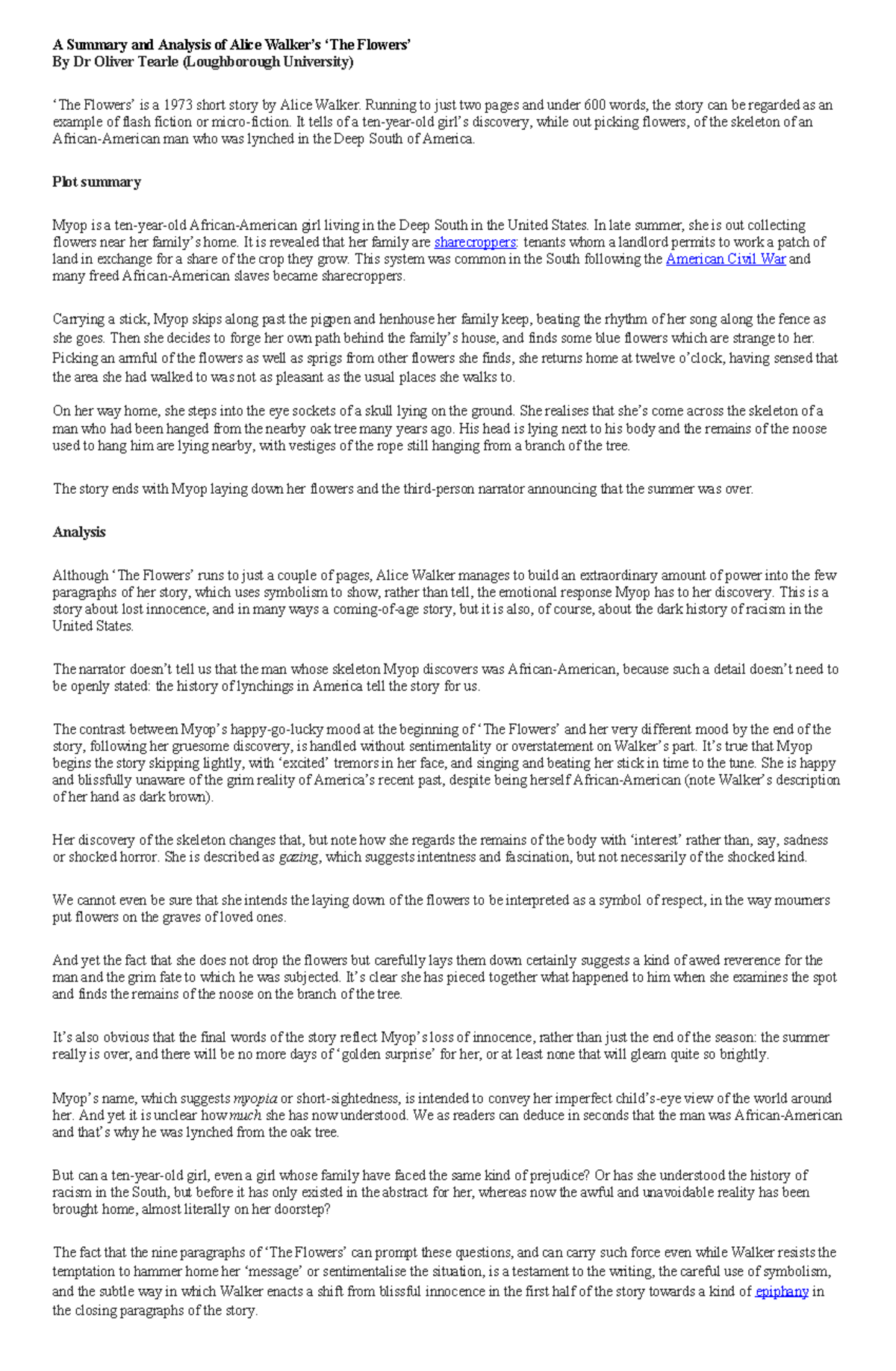 A Summary and Analysis of Alice Walker's The Flowers - A Summary and ...