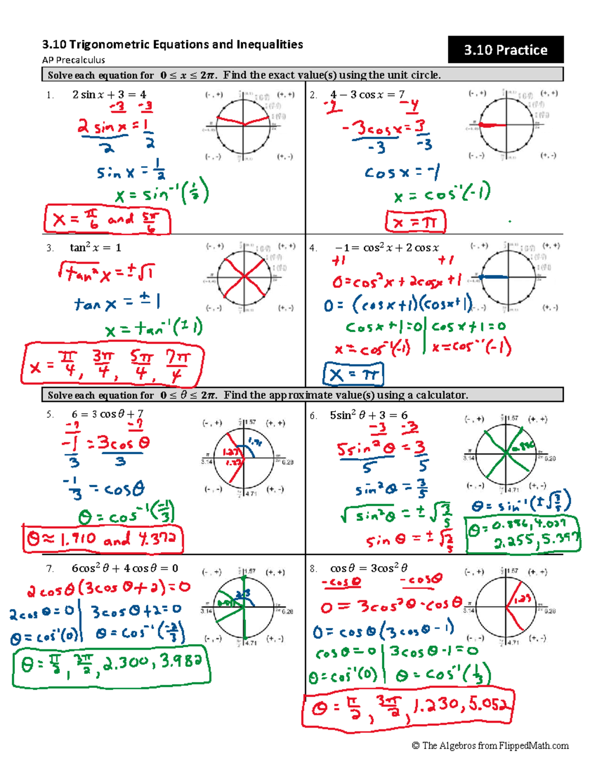 AP Precalculus 3.10 Trigonometric Equations & Inequalities Solutions ...