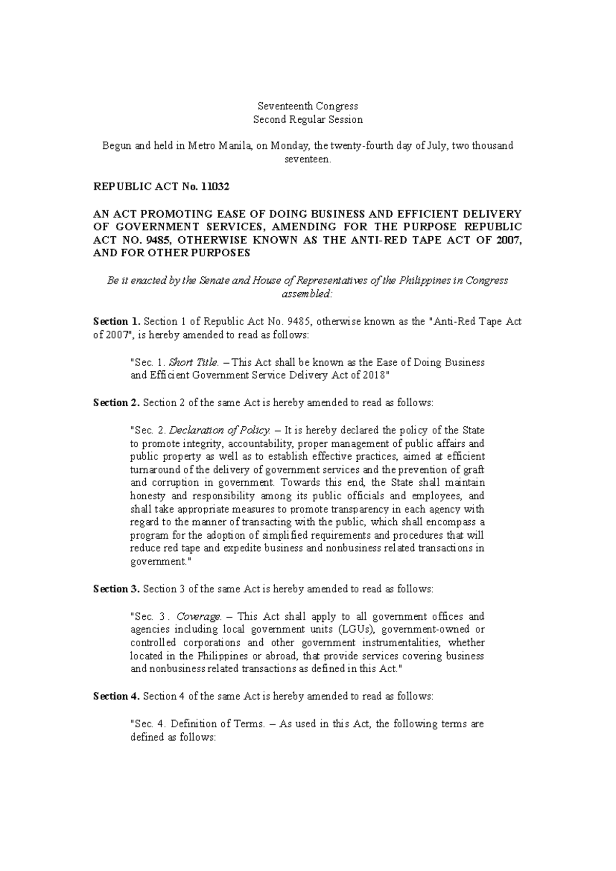 RA-11032 - ease of doing business - Seventeenth Congress Second Regular ...