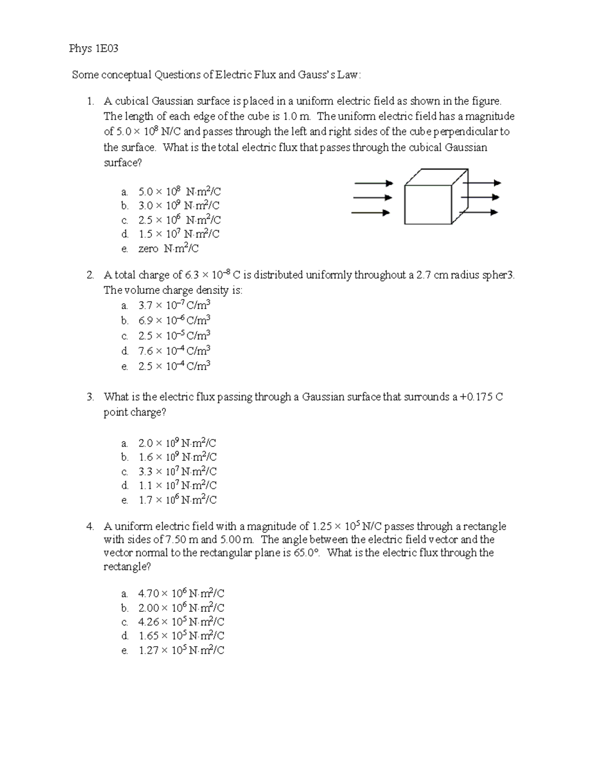 Phys 1E - Electric Flux Test Questions and Solutions - Studocu