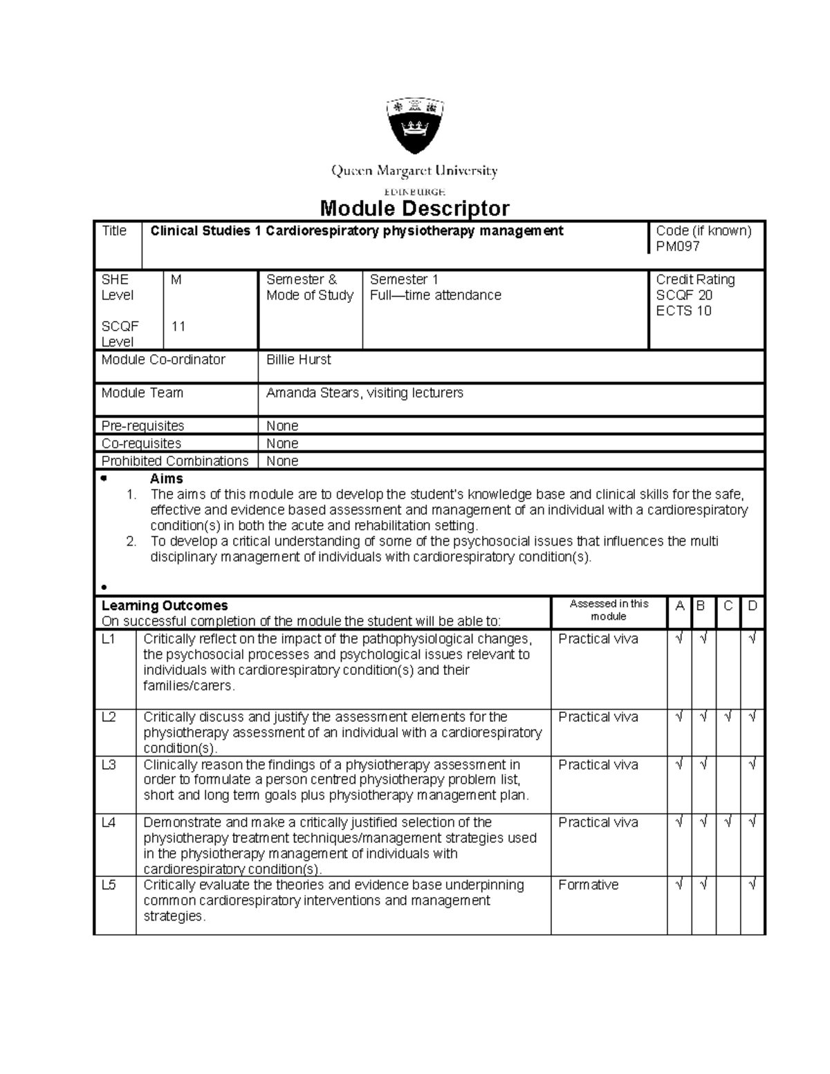 PM097 Clinical Studies 1 Cardiorespiratory Physiotherapy Management module descriptor - Module ...