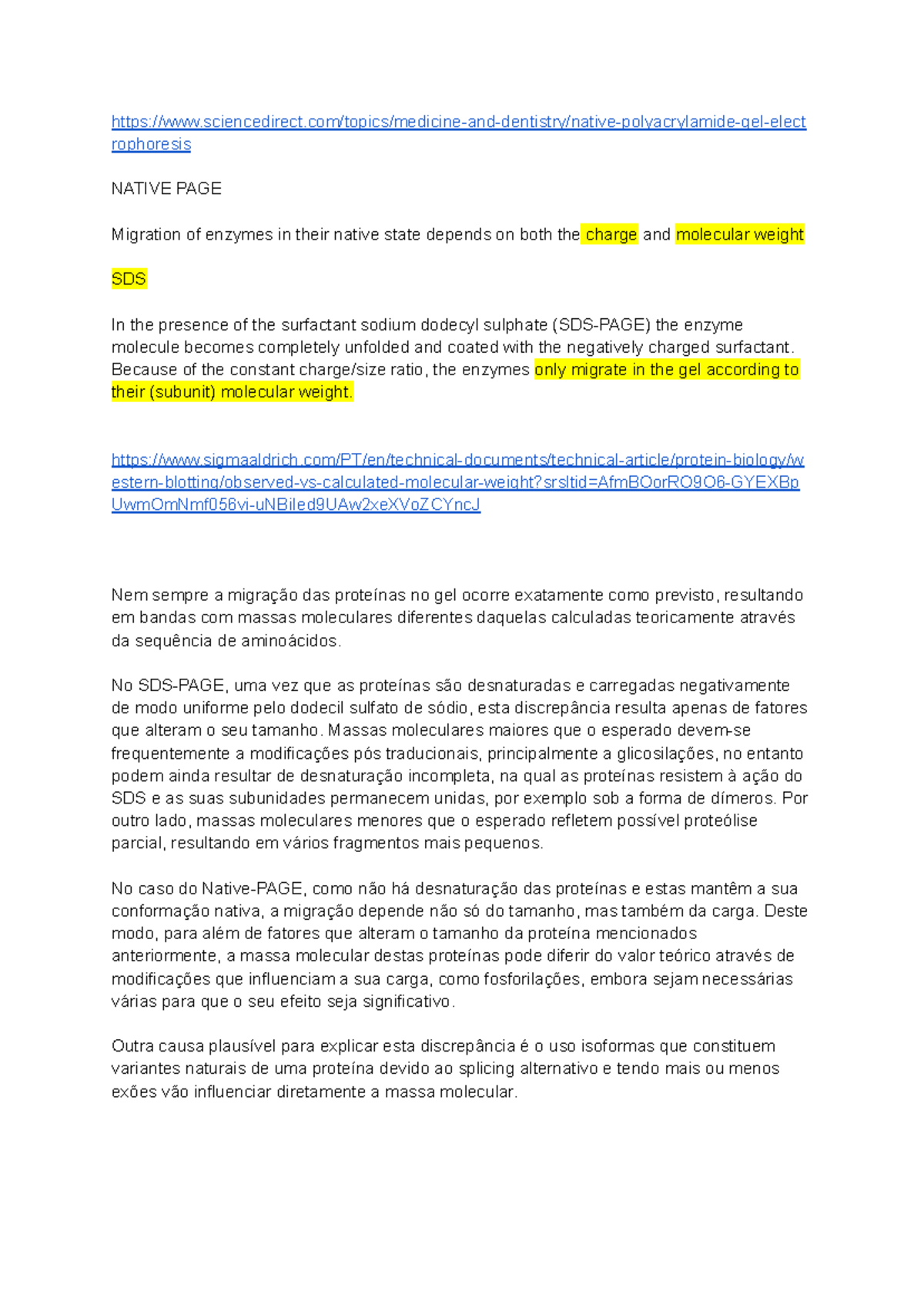 SDS PAGE vs Native PAGE: Diferenças e Migração de Enzimas - Studocu