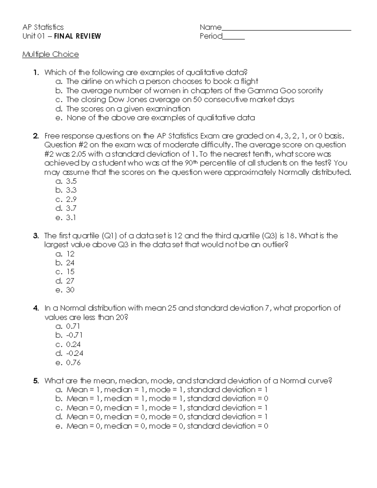 AP Stats Ch 1 Review - AP Statistics Name ...