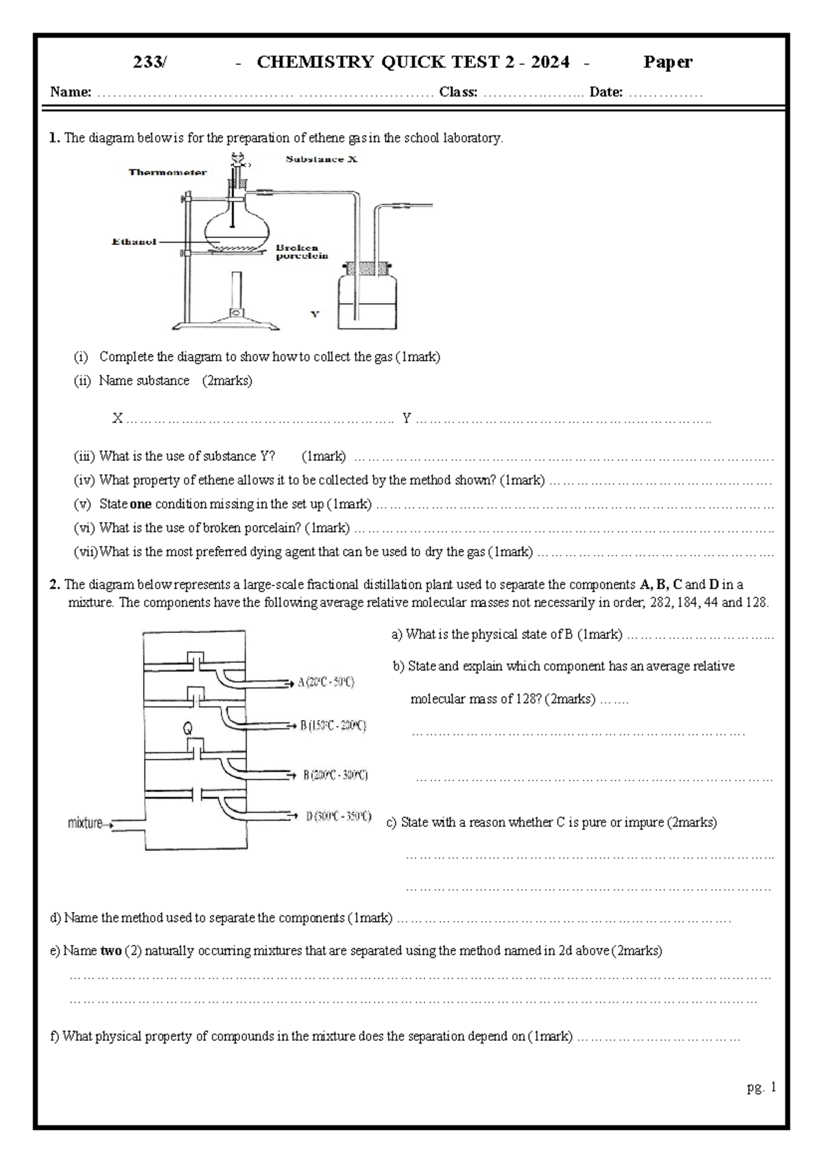 CHEM 101 Quick Test 2 - Ethene & Fractional Distillation - Studocu