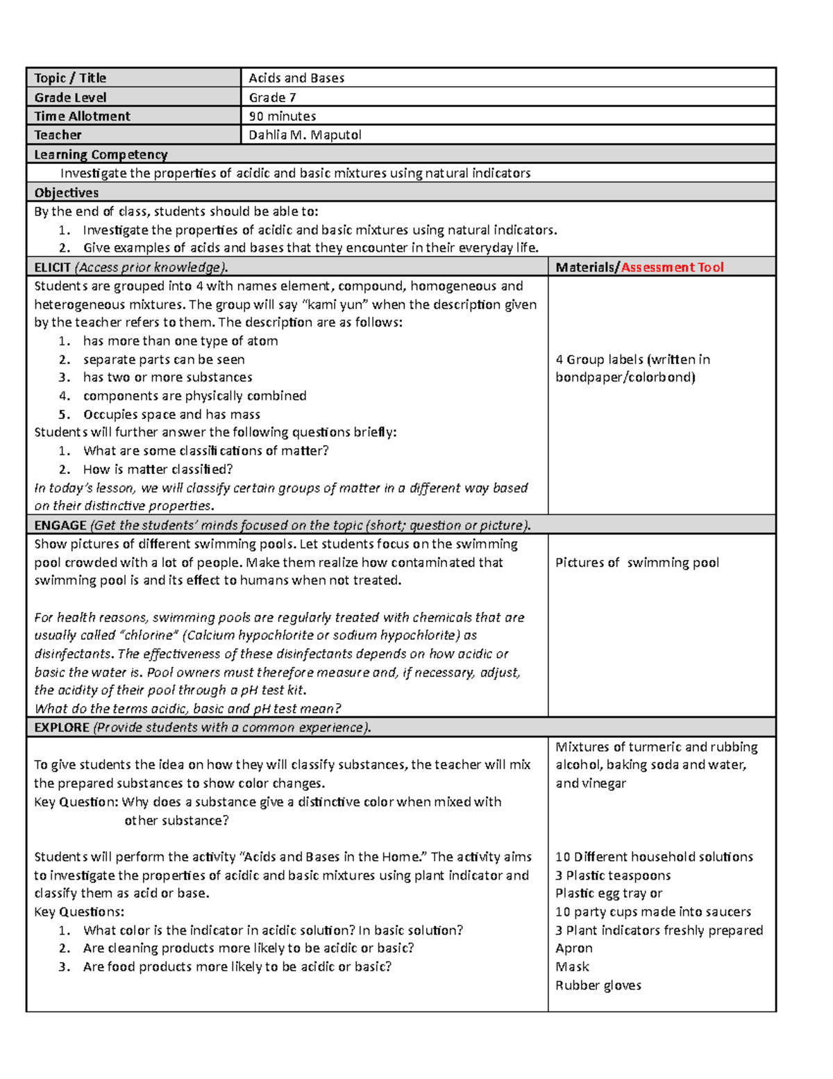 328079951 7E Lesson Plan Chemistry - Topic / Title Acids and Bases ...