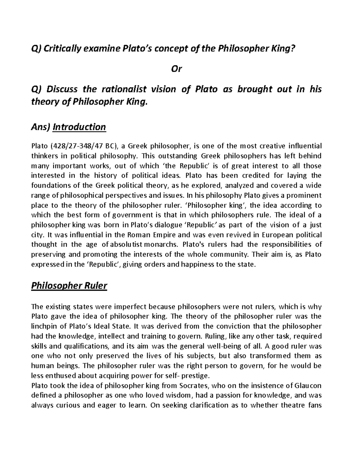 Plato's Theory of Philosopher King: A Critical Examination - Studocu