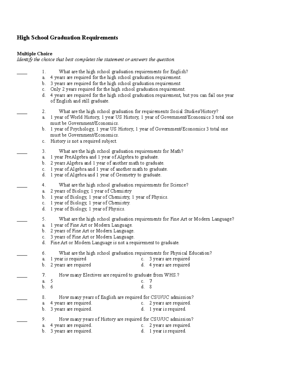 High School Graduation Requirements Quiz - High School Graduation ...