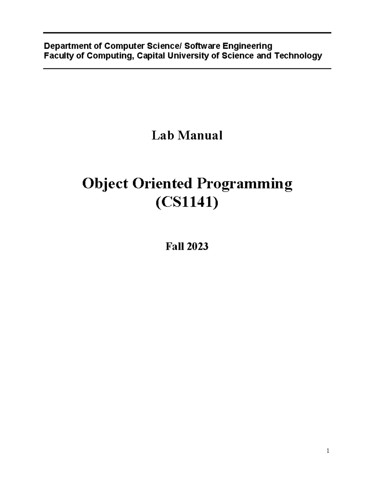 Lab Manual Object Oriented Programming Fall 23 14 Labs - Faculty of Computing, Capital ...