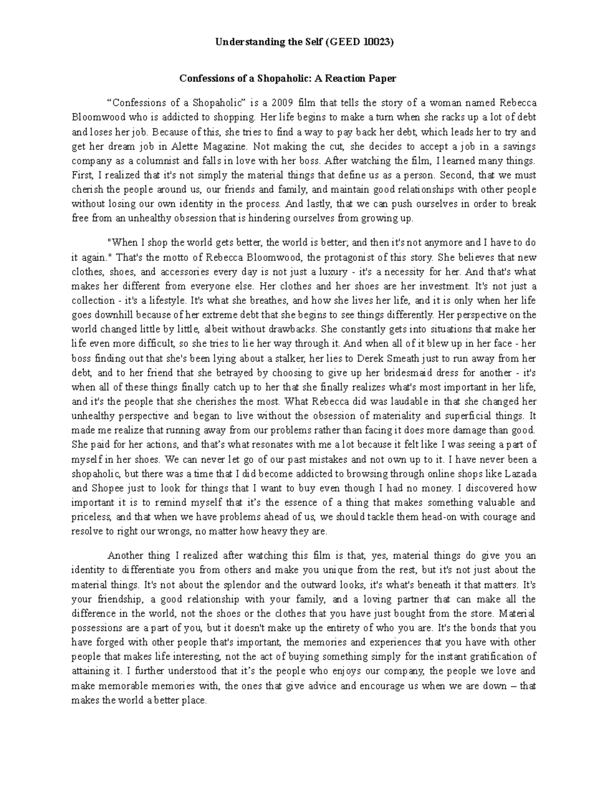 Understanding the Self (GEED 10023) - Reaction Paper on "Confessions of ...
