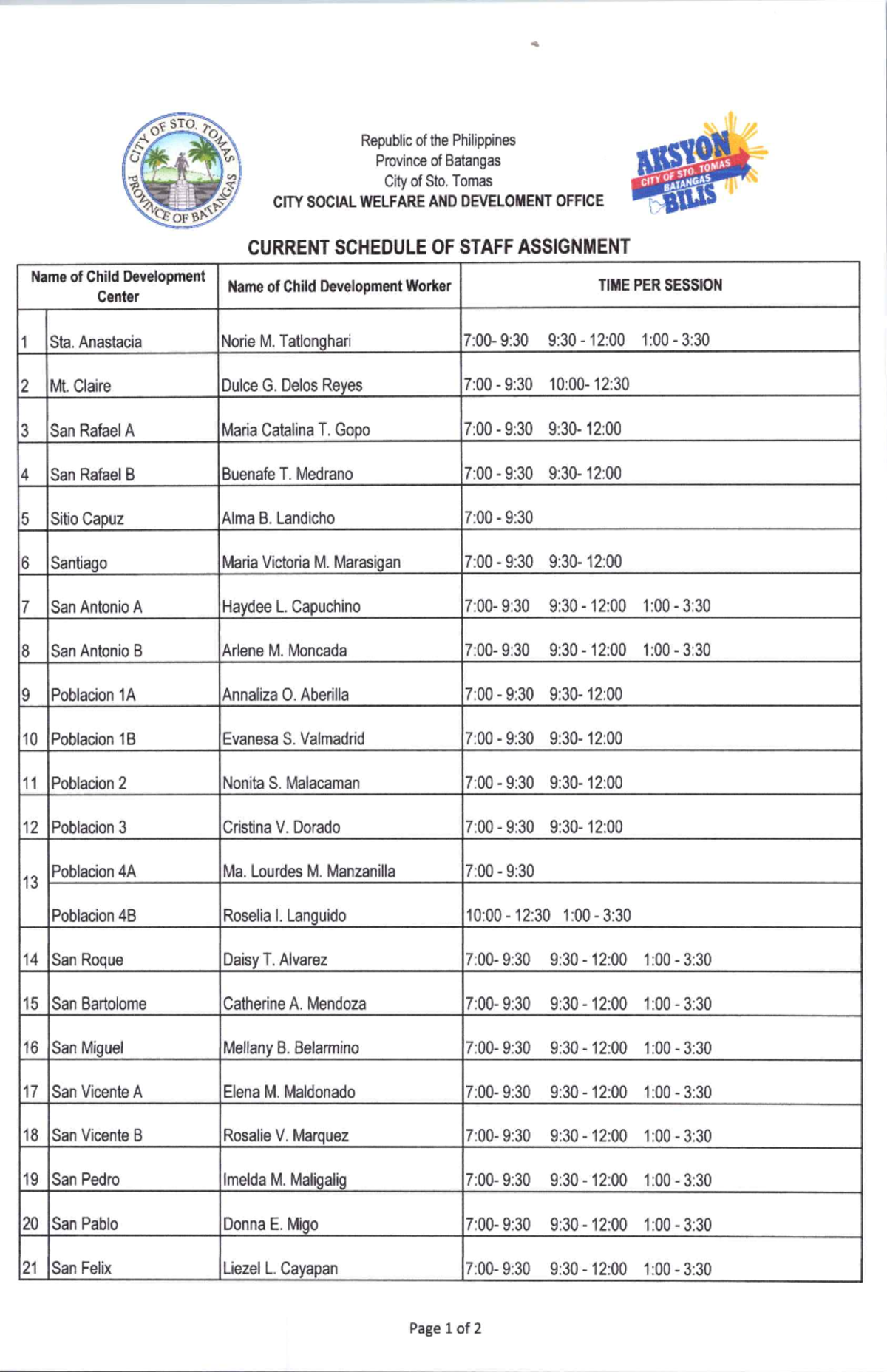 CDW-STAFF SCHEDULE - Current Staff Assignments in Sto. Tomas - Studocu