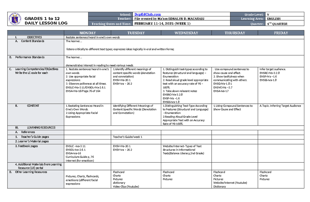 DLL English 5 Q4 W1: Daily Lesson Log for Grades 1-12 - Studocu