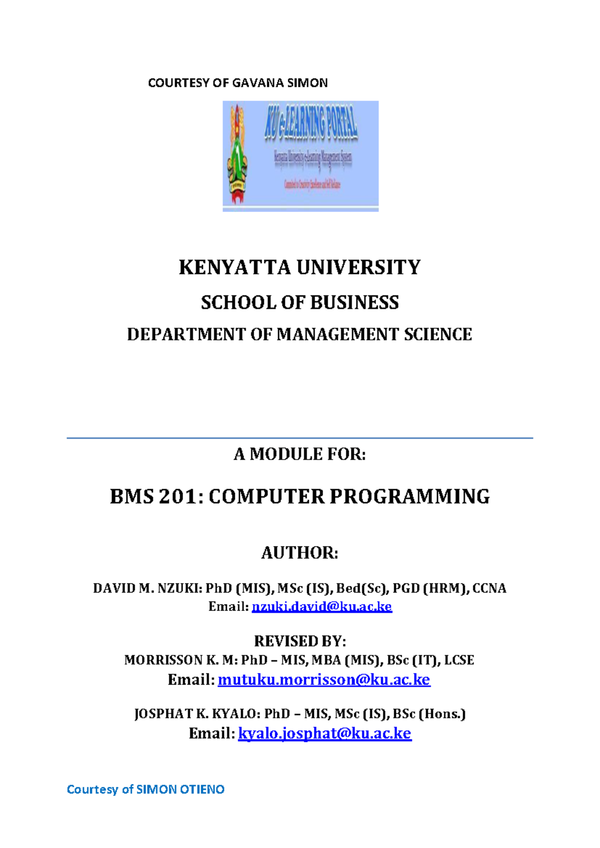 BMS 201: Comprehensive Module on Computer Programming by Gavana Simon ...