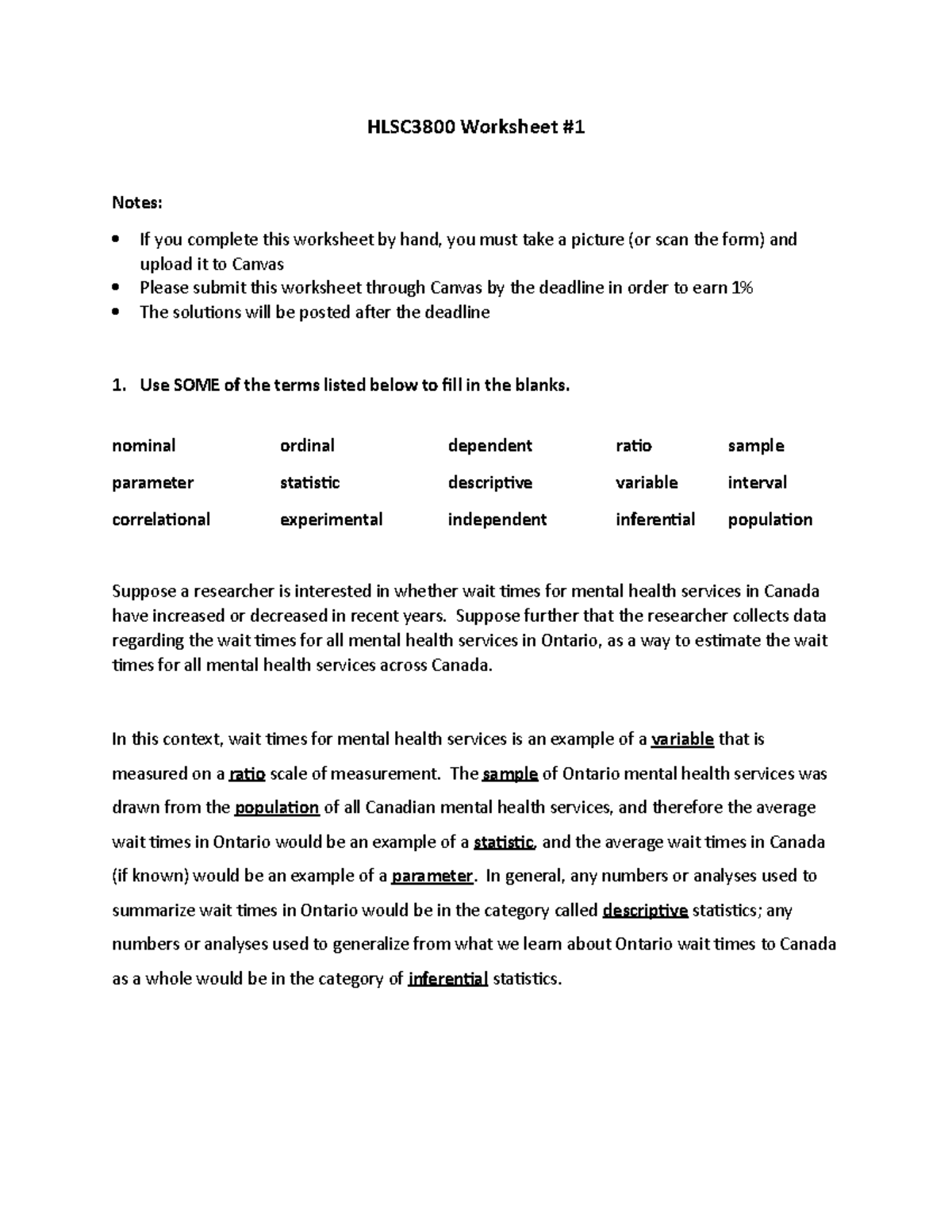 HLSC3800 Worksheet 1 - Week 1 Intro to Statistics Concepts - Studocu