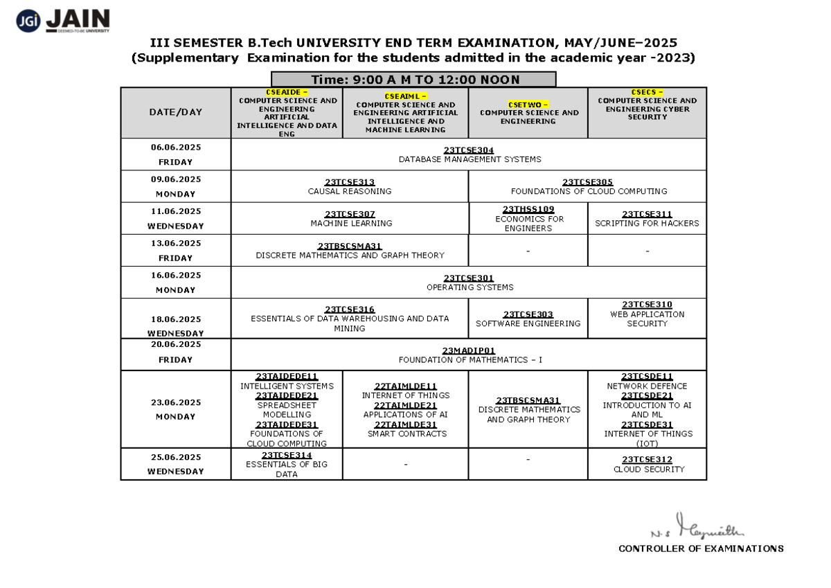 B.Tech 3rd Sem End Term Exam Schedule - 2023 Batch (Supplementary ...