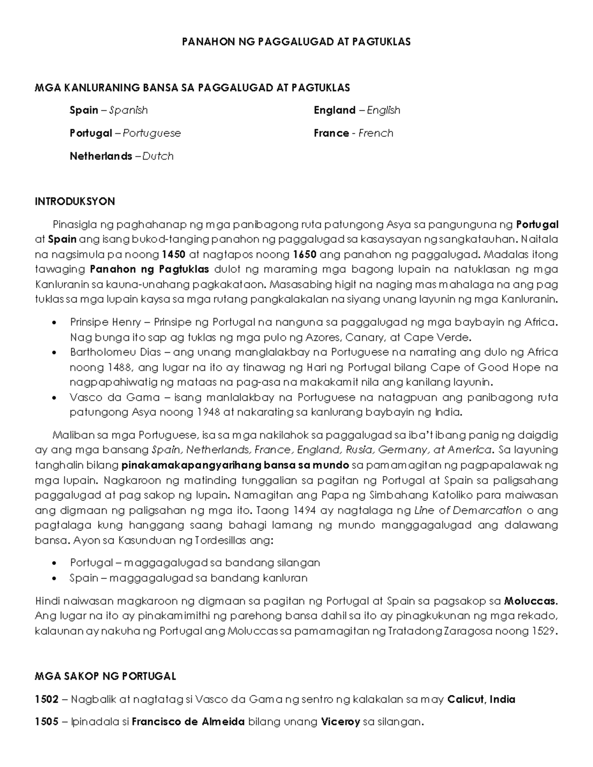 Aralin sa Panahon ng Paggalugad at Pagtuklas (AP-HP-001) - Studocu