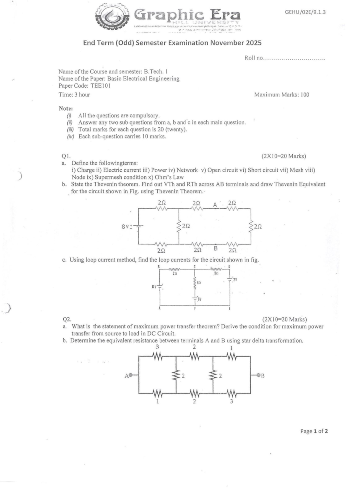 TEE101 End Semester Exam Nov 2025 - Basic Electrical Engineering - Studocu