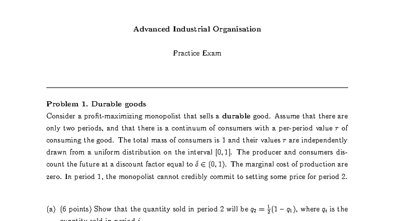 Advanced Industrial Organisation Practice Exam: Key Problems and ...